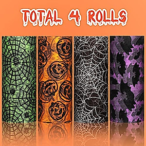 120 Feet/ 4 Rolls Halloween Glitter Tulle Rolls Spider Web Pattern Tulle Ribbon Pumpkin Bat Printed Tulle Rolls Shimmer Tulle Netting Roll for Wreath Making Supplies Halloween decoration, 5 Inch Wide.