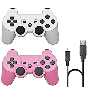 Rzzhgzq 2 Pack PS3 Wireless Controller Playstation 3 Controller Wireless Bluetooth Gamepad with USB Charger Cable for PS3 Console (Pink+White)