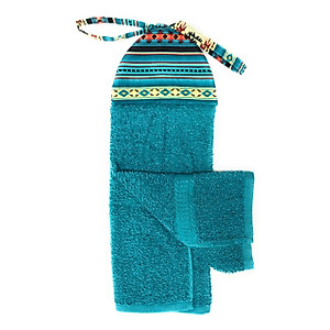 Southwest Black Teal Orange on Cream Ties On Stays Put Kitchen Bathroom Hanging Loop Hand Dish Towel and Set of 2 Square Hot Pad Pot Plate Holders Trivets Hostess Housewarming Gift