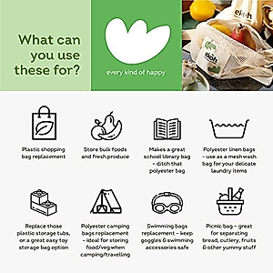 EKOH Reusable Organic Cotton Produce Bags 6 Drawstring Bags 3 Sizes Muslin Cotton and Mesh (Organic Cotton and Mesh 6 Pack)