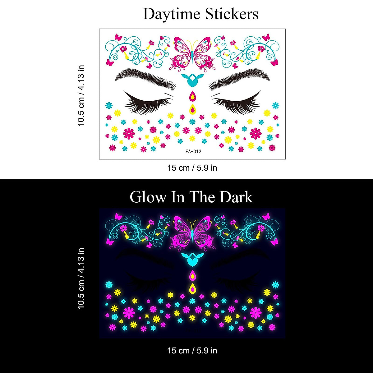 Glow in The Dark Tattoos Stickers, Fake Face Temporary Tattoos Makeup UV Neon Floral Body Paint Tattoo Stickers Decorations for Adults Girls Women Festival Bar Party Supplies 8PCS