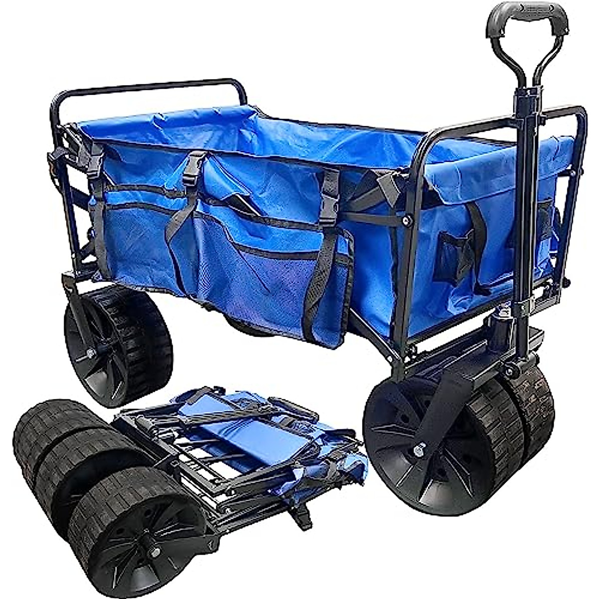 Beach Wagon Folding with Large Sand Wheels Heavy Duty Collapsible Cart with Patent Pending Beach Chair Holder Great for Ocean, Camping and Fishing – Solid Blue Color