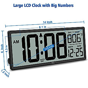 WallarGe 14.5'' Large Digital Wall Clock Battery Operated with Jumbo Numbers, Temperature and Date - Easy to Read and Set, Auto DST