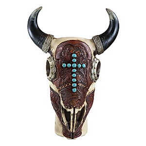 Ebros Gift Colorful Southwestern Native Indian Cow Skull with Turquoise Cross and Faux Tooled Leather Mask Desktop Floral Flower Vase Planter Figurine Wildlife Bisons Bulls Spirit Totem Accent