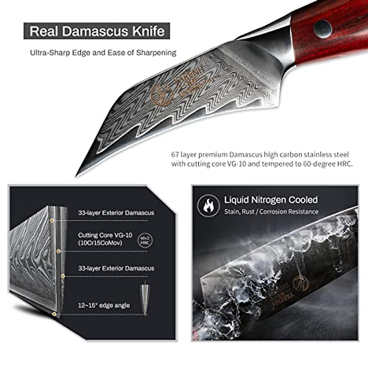 YARENH Bird's Beak Paring Knife - 67-Layer Damascus Steel - Super Sharp Blade for Peeling Fruit - African Sandalwood Handle