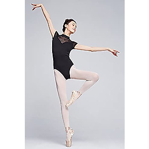 YCMI Women-Dance-Leotards-Lace-Turtleneck-Ballet-Bodysuit-Short-Sleeve-Dance-Gymnastics-Yoga-Leotards