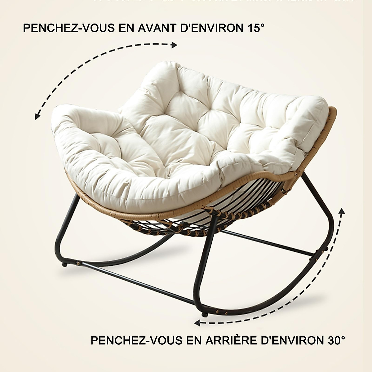 HARELA Outdoor Patio Rocking Chair, Indoor Rattan Rocker Chair, Oversized Wicker Chair Padded Cushion Rocker Recliner Chair Outdoor for Front Porch, Garden, Comfy Rocker Chair with Thick Cushion