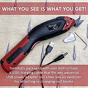 Madam Sew Electric Scissors for Fabric Cutting, Heavy Duty Cordless Shears with USB Rechargeable Battery, Trigger Operation and Non-Slip Grip Cuts Denim, Wool, Leather - REPLACEMENT BLADES AVAILABLE