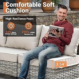 ovios 7 Piece Outdoor Patio Furniture with Glowing Coffee Table, Rattan Wicker Coversation Set with Sofa, Sectional Single Chairs for Outside Porch Balcony Backyard Pool,Beige