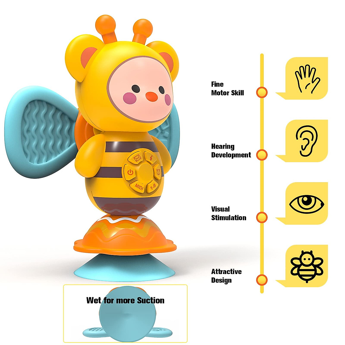 Tinabless Suction Cup High Chair Toy, Baby Musical Toy Yellow Bee Toy with Music and LED Lights, Infant Light Up Toys, Developmental Tray Toy, Newborn Gifts for Ages 6 Months and Up Boys Girls