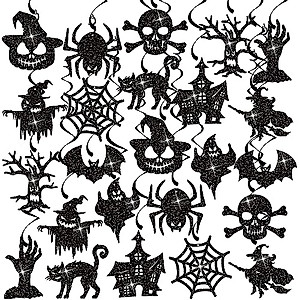 30 Pieces Halloween Hanging Swirls Decorations Halloween Hanging Ceiling Streamers Black Glitter Spooky Hanging Decorations for Halloween Party Haunted House Decor