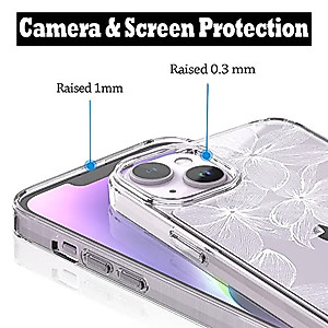 RANZ iPhone 14 Case, Anti-Scratch Shockproof Series Clear Hard PC + TPU Bumper Protective Cover Case for iPhone 14 (6.1") - White Flower