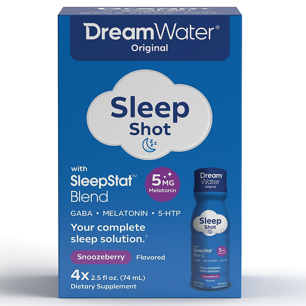Dream Water Sleep Aid Supplement Drink; Melatonin 5mg, GABA, 5-HTP; Zero Sugar, Natural Flavors, No Added Colors, 2.5 oz Liquid Sleep Shots, Snoozeberry, 4-Count