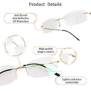 LifeArt Blue Light Blocking Glasses, Computer Reading Glasses, Anti Blue Rays, Reduce Eyestrain, Rimless Frame Tinted Lens with Diamond, Stylish for Men and Women (Golden, No Magnification)