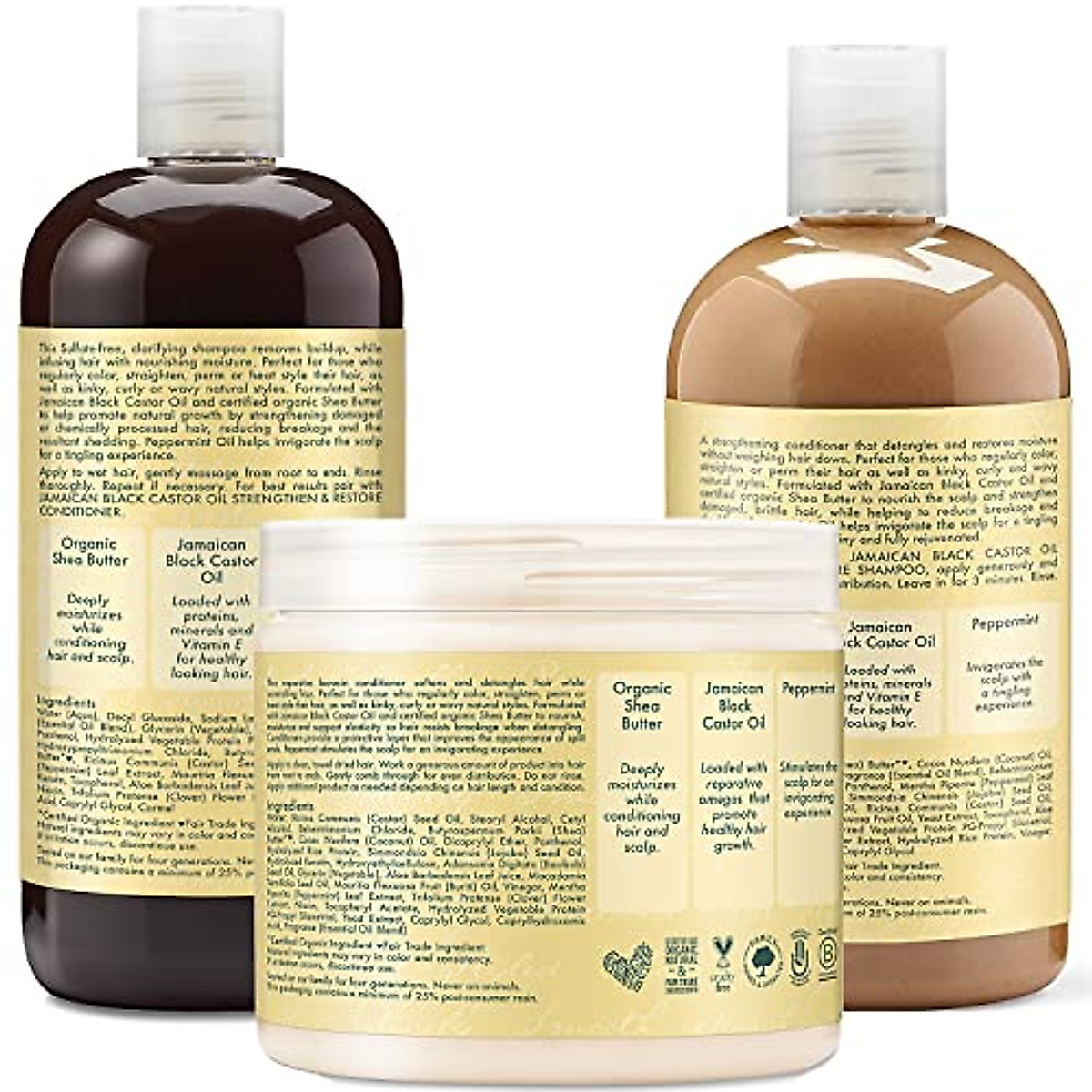 Shea Moisture Curly Hair Product Bundle Shampoo 16 Fl Oz, Conditioner 13 Fl Oz, Leave in Conditioner 15 Oz, Jamaican Black Castor Oil for Healthy Hair Growth, Strengthen & Restore, Sulfate Free