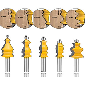 LEATBUY 1/2-Inch Shank Architectural Molding Router Bit Set 5 PCS, Corner Rounding Edge-Forming Roundover Beading Router Bit Set, Woodworking Milling Cutter Tools, Carbide Cutter CNC Router (FJ-55)