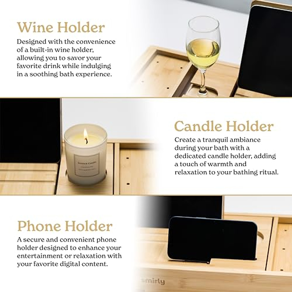 SMIRLY Expandable Bamboo Bathtub Tray, Bath Tray for Tub, Bathtub Accessories, Bath Tub Tray Wood, Bath Accessories, Bath Caddy, Bathtub Caddy Tray for Tub, Bath Table Tray