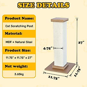 MAOHEGOU 27IN Cat Scratching Post, Nature Sisal Cat Scratch Post for Indoor Cats