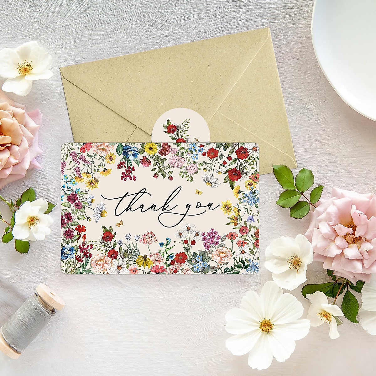 Artoid Mode 24 Pack Vintage Wildflower Thank You Cards Flower Greeting Cards Gift With Envelope Sticker Blank Note Cards for Birthday Wedding Baby Shower Bridal Shower, 4 x 6 Inch