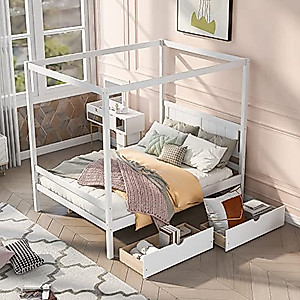 MOEO Full Size Canopy Platform Bed with 2 Drawers, Slat Support Leg, Wood Bedfram w/Guardrail for Kids, Adults, No Spring Box Required, White