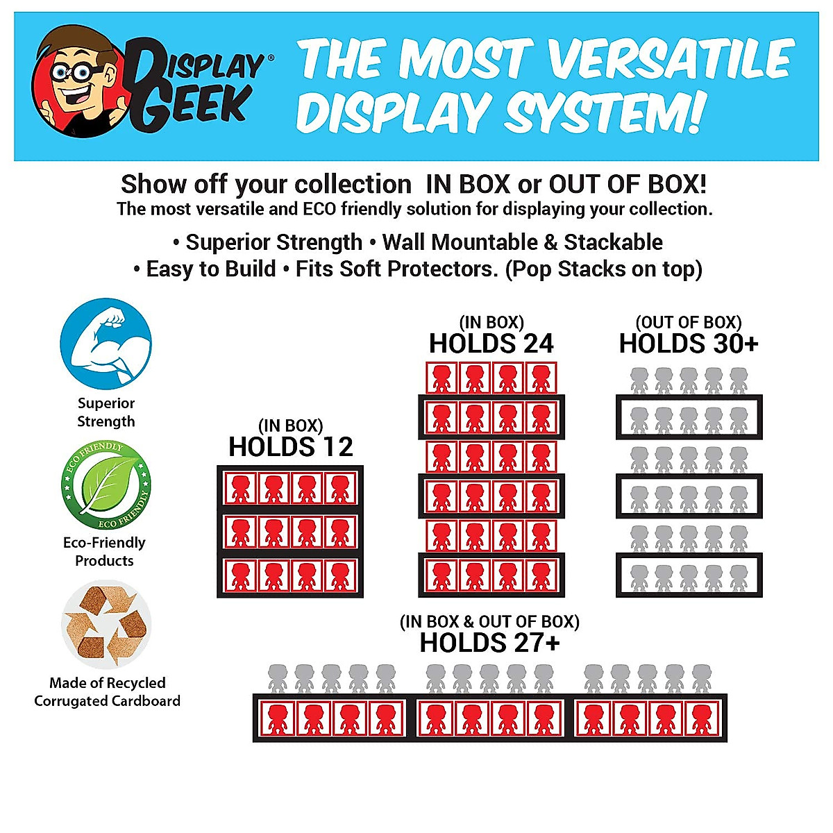 6 Single Row in Box Display Cases for 4 in. Funko Pop Collectible Toy Figures, Black Cardboard