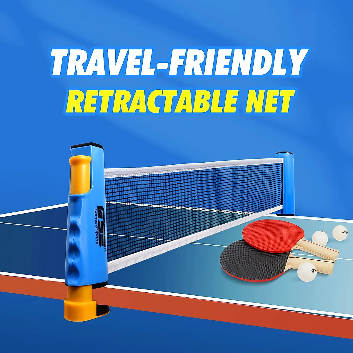 GSE Adjustable Retractable Ping Pong Net & Post. Portable Table Tennis Net & Clamps. Replacement Ping Pong Net for Any Tables (Blue)