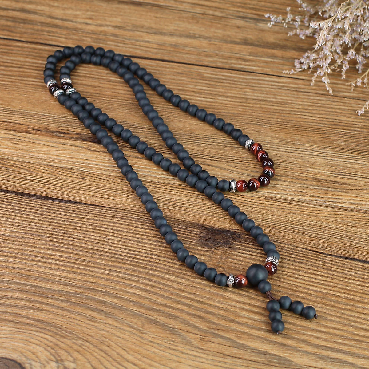 COAI Tibetan 108 Mala Beads Red Tiger Eye Matte Onyx Stone Wrap Bracelet Necklace