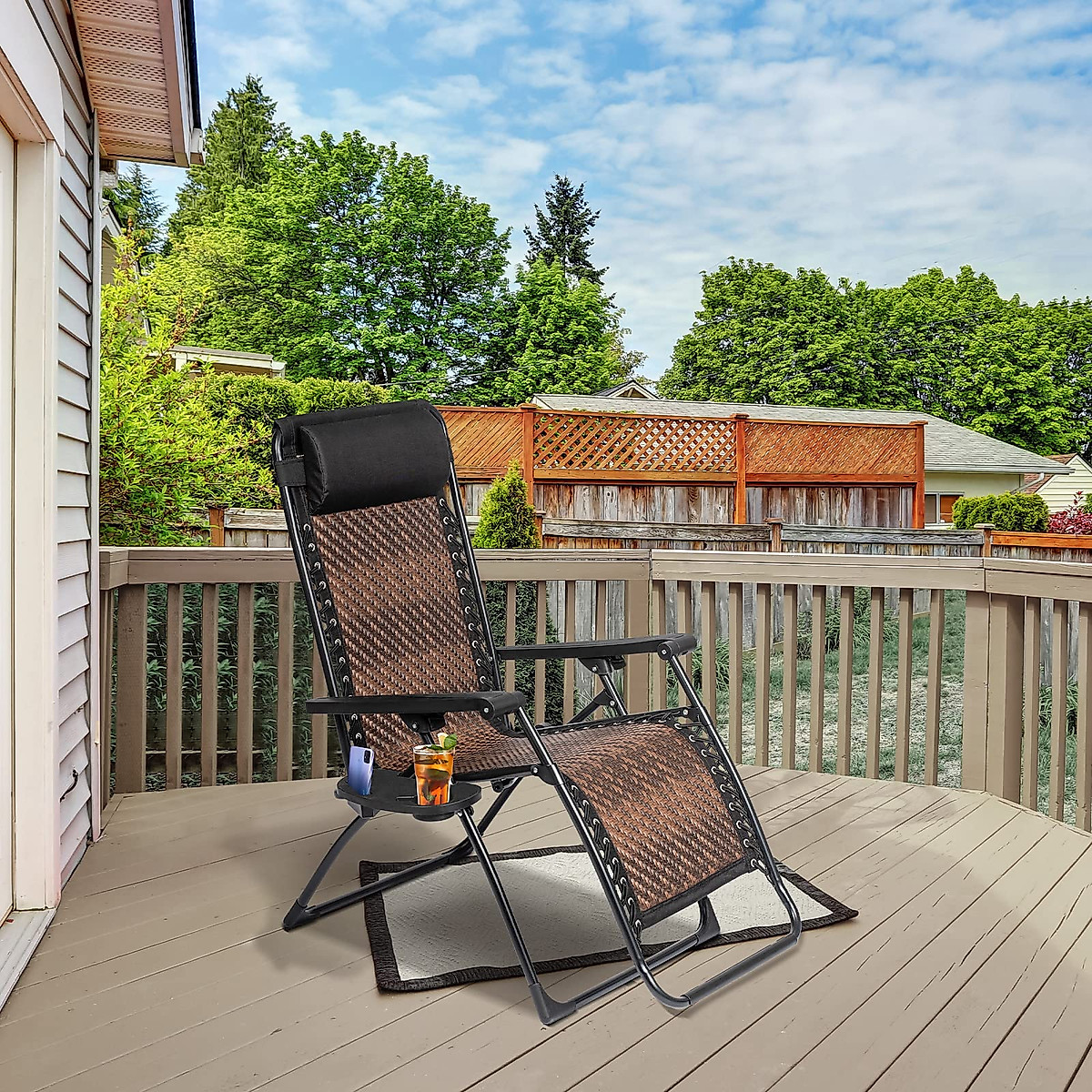 Incbruce Zero Gravity Folding Recliner Chair, Adjustable Patio Lounge Chaise, Outdoor Wicker Rattan Furniture with Cup Holder and Pillow for Poolside, Yard, Beach (Brown)