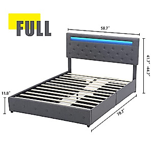 Full LED Bed Frame with Drawers, Upholstered Platform Bed Frame Full Size with Adjustable Button Tufted Headboard and 2 USB Ports, Solid Wooden Slats Support, Dark Grey