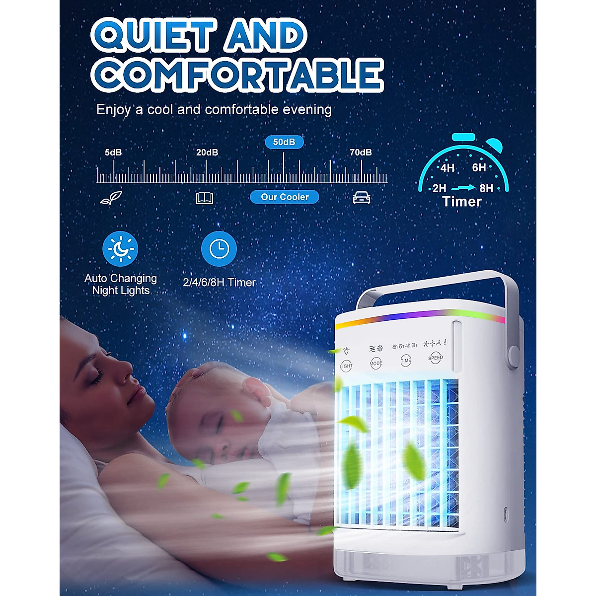 Portable Air Conditioners, 4 Speeds Evaporative Air Cooler Humidifier 600ML Waterbox Mini Air Conditioner, 2/4/6H Timer, 2 Misting Modes and LED Light, Perfect for Home Office Bedroom Camping