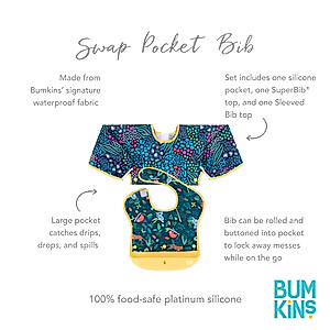 Bumkins Silicone Bibs for Girl or Boy, Baby and Toddler 6-24 Mos, Essential Must Have for Eating, Feeding, Combination Fabric SuperBib and Long Sleeve with Attachable Pocket Food Catcher, Jungle