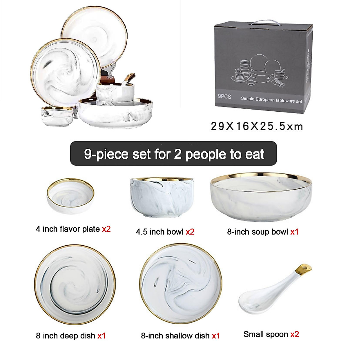 BINTING Steak Dinner Plate Gold Rim Ceramics Dinnerware Set Gold Rim Dinnerware Set European Style Dishes 9-Pieces Sets Gold Edge Marble Pattern Sturdy Tableware