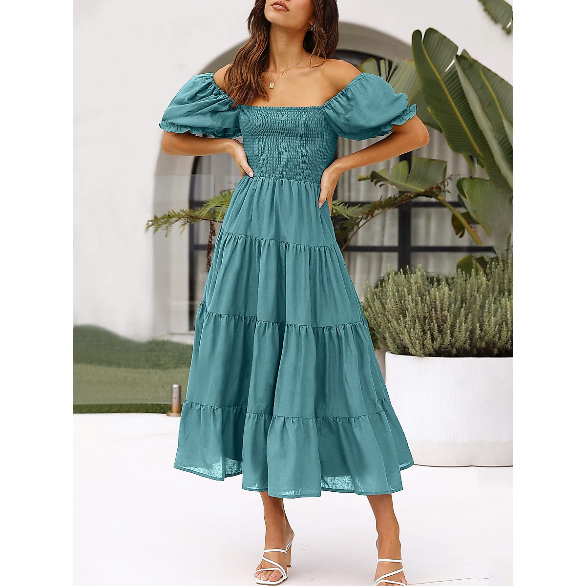 ANRABESS Women's Casual 2024 Summer Fashion Midi Dress Puff Short Sleeve Square Neck Smocked Tiered Boho Beach Dresses Lake-S