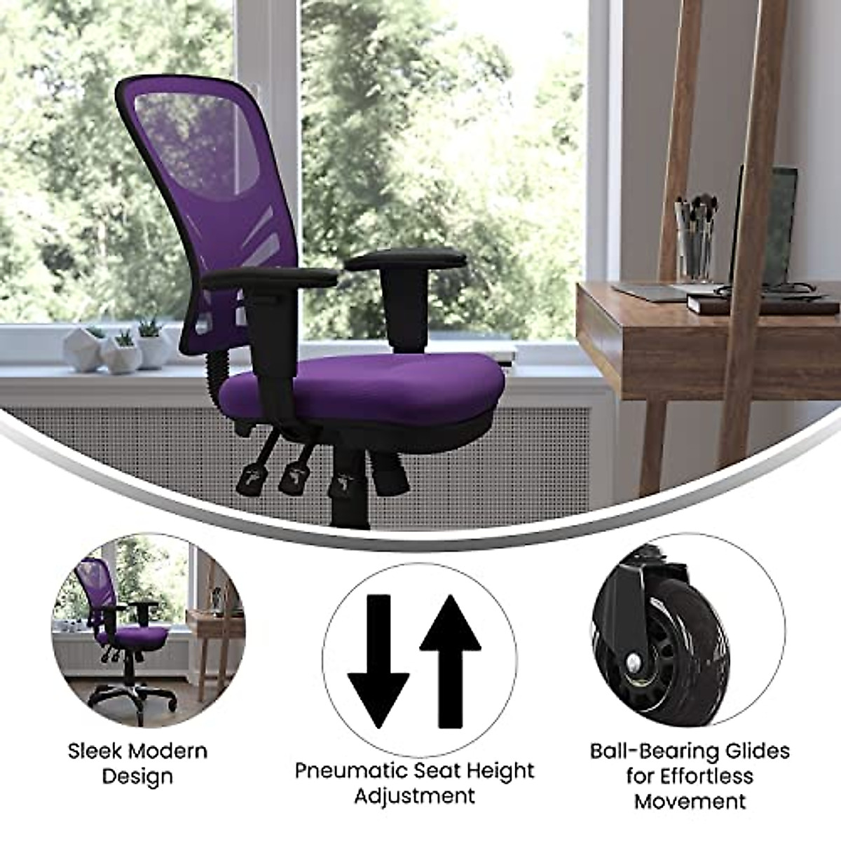 Flash Furniture Nicholas Mid-Back Multifunction Executive Swivel Ergonomic Office Chair with Adjustable Arms, Transparent Roller Wheels, 27", Purple Mesh