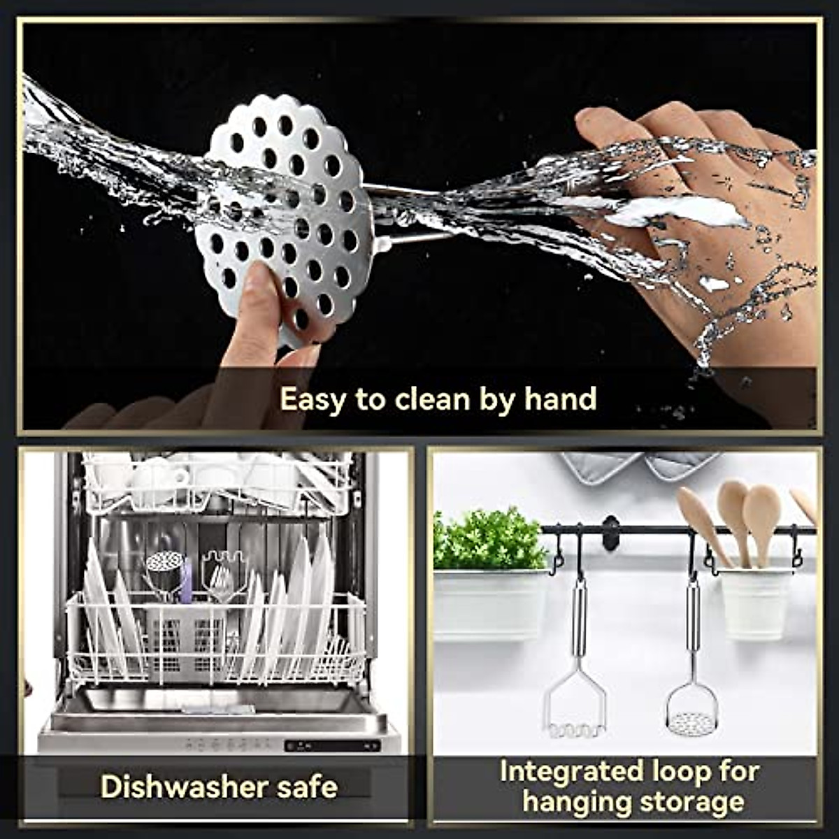 VOOVAO 2 Pcs Potato Masher, Heavy Duty Stainless Steel Integrated Masher Kitchen Tool Wire Masher for Potatoes, Avocados, Beans, Fruit & Vegetables