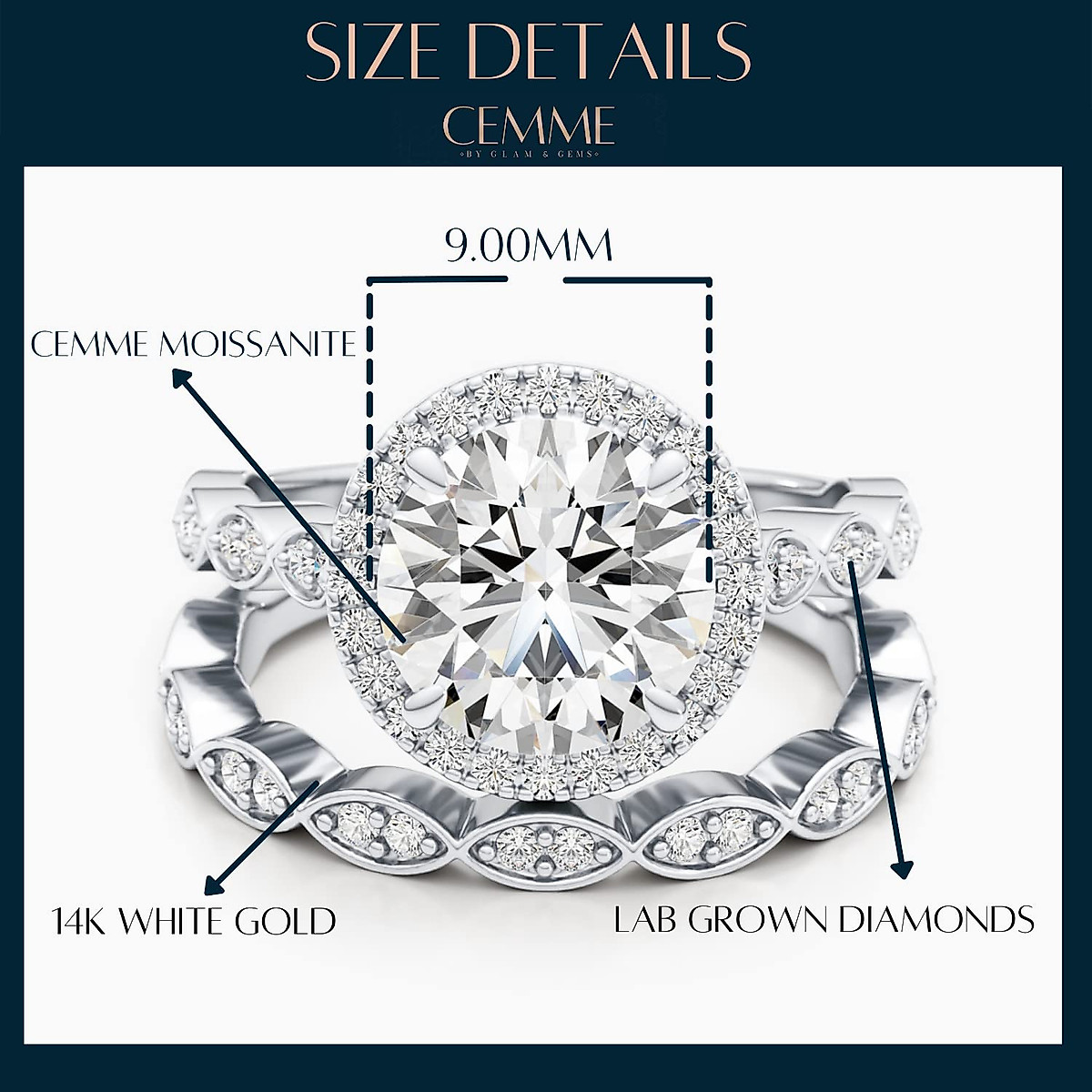 GLAM AND GEMS 3/4 Carat Lab Grown Diamond and 3 Carat Moissanite Wedding Band Ring Set for Women in 14k White Gold (D-E, VS, cttw) Anniversary Promise Ring Size 7