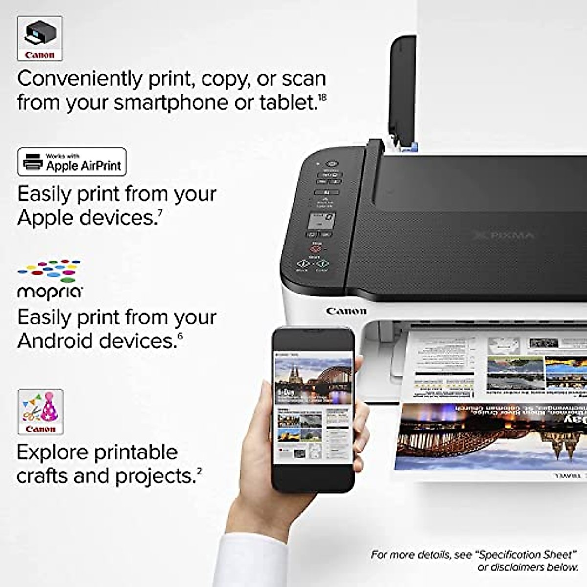 Canon PIXMA TS Series Wireless All-in-One Color Inkjet Printer, Black - Print, Scan, Copy for Home Office - 1.5 Segment LCD Display, 4800 x 1200 dpi, USB and WiFi Connection - BROAG Printer_Cable