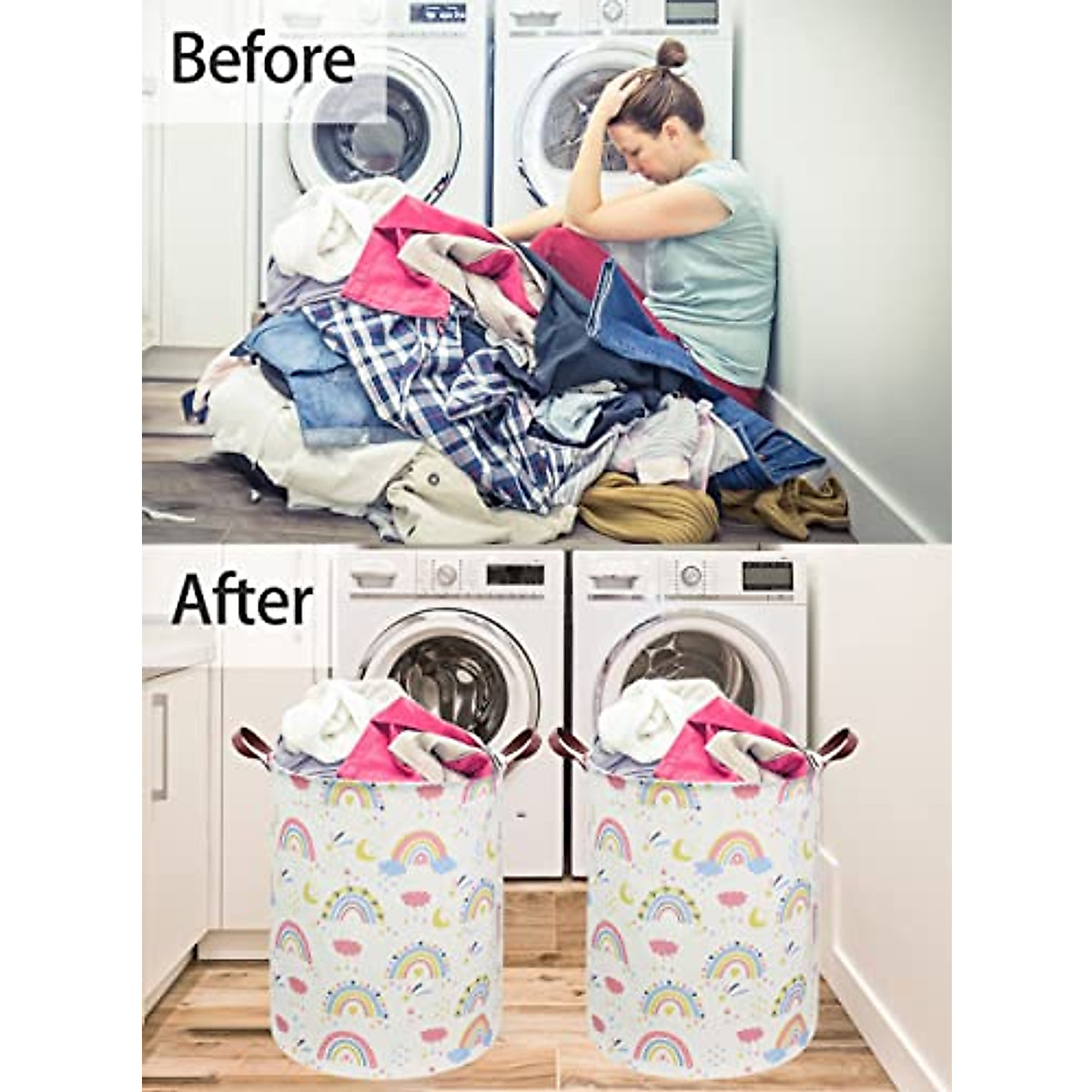 ESSME Rainbow laundry basket,Collapsible Kids Laundry Hamper with Waterproof PE Coating,Girls Hamper Nursery Hamper for Girls Room Decor,Toy storage,Gift Basket.(Rainbow)