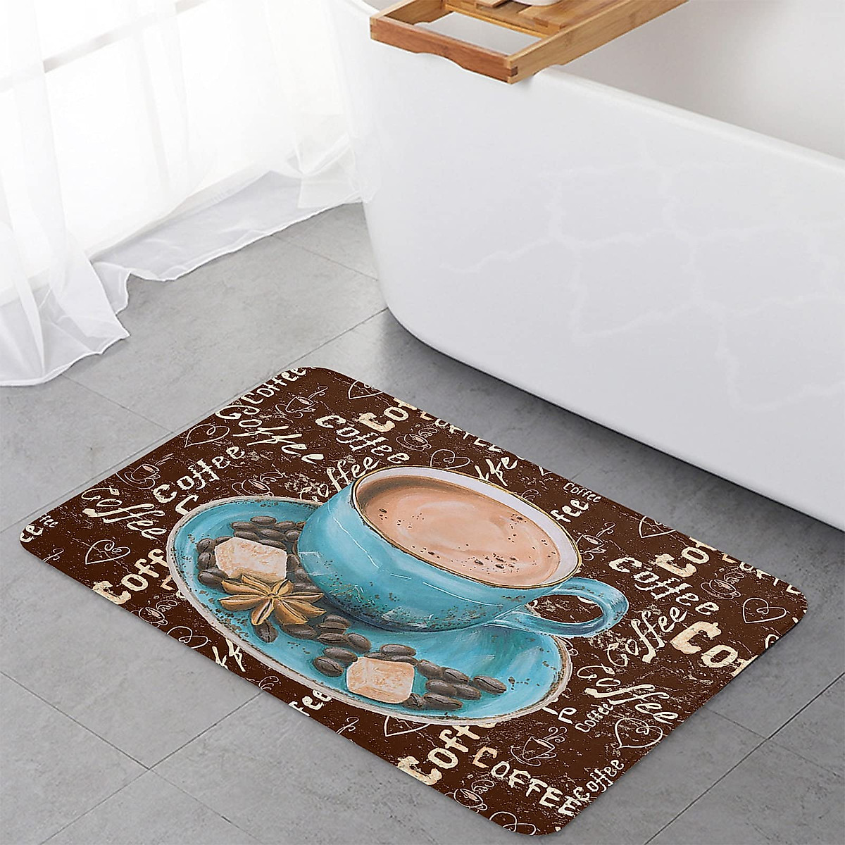 Coffee Kitchen Rugs Set 2 Piece 18x30in+18x47.2in, Non-Slip Kitchen Mats Set Rubber Backing Indoor Entry Door Mat Carpets - Vintage Blue Coffee Cup Beans Sugar Lump Brown