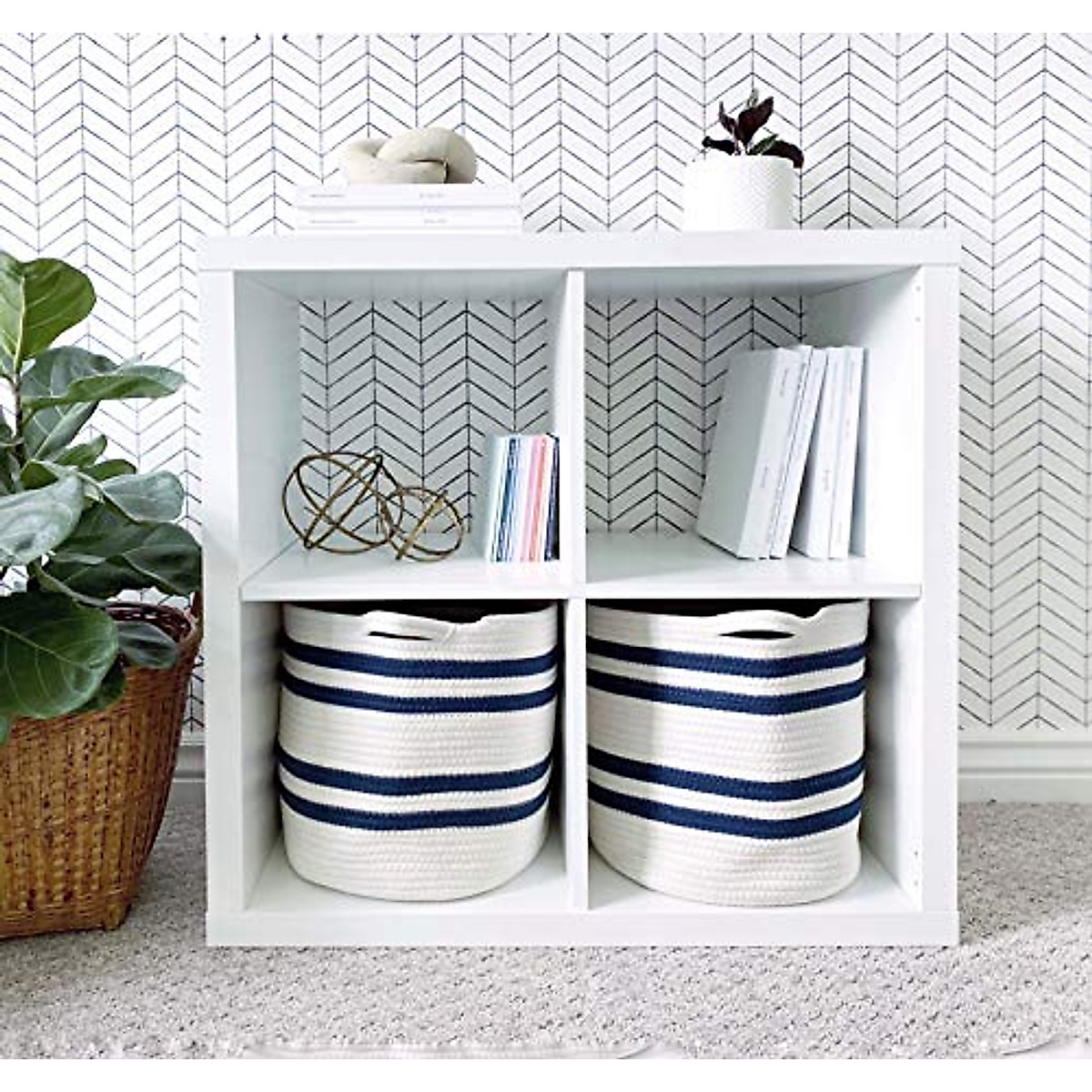 Chloe and Cotton Woven Cube Storage Baskets with Handles | Set of 2 | Cute Decorative Bins for Shelves, Bookcases, Cubbies, & Organizing Containers | Navy White