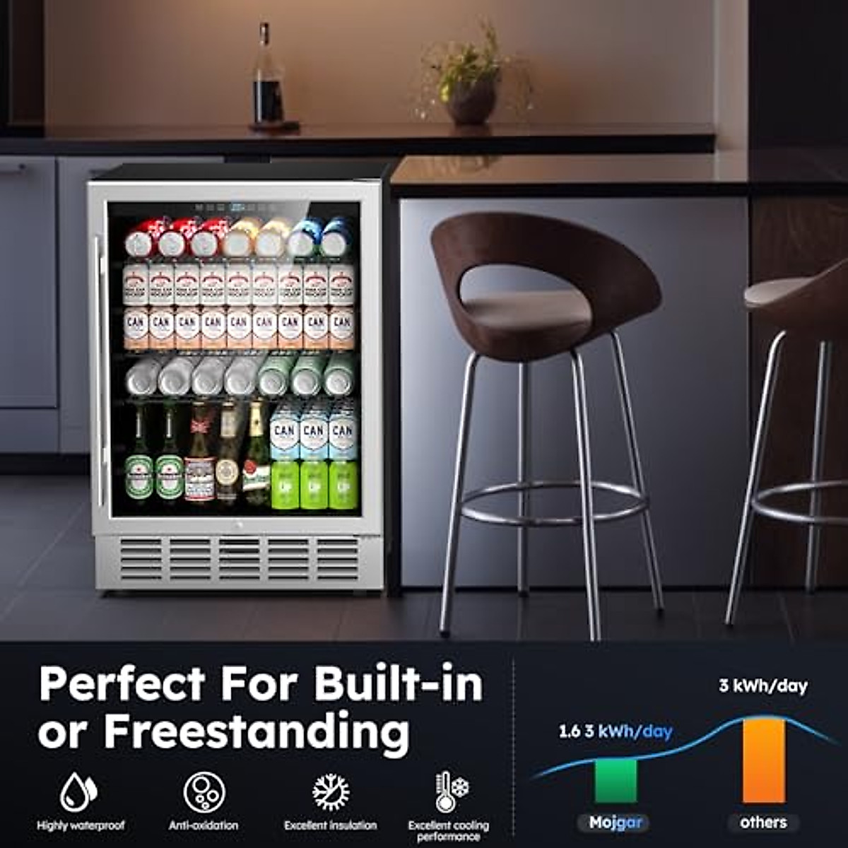 24 Inch Beverage Refrigerator, 190 Cans Built-in/Freestanding Beverage Cooler, Digital Memory Under Counter Beer Fridge with Glass Door, Safety Locks, Removeable Racks (Glass Door)