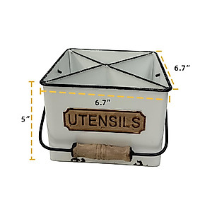 YOOGAR Metal Storage Caddy with 4 Compartments and Handle, Farmhouse Utensil Organizer for Kitchen, Distressed White and Black