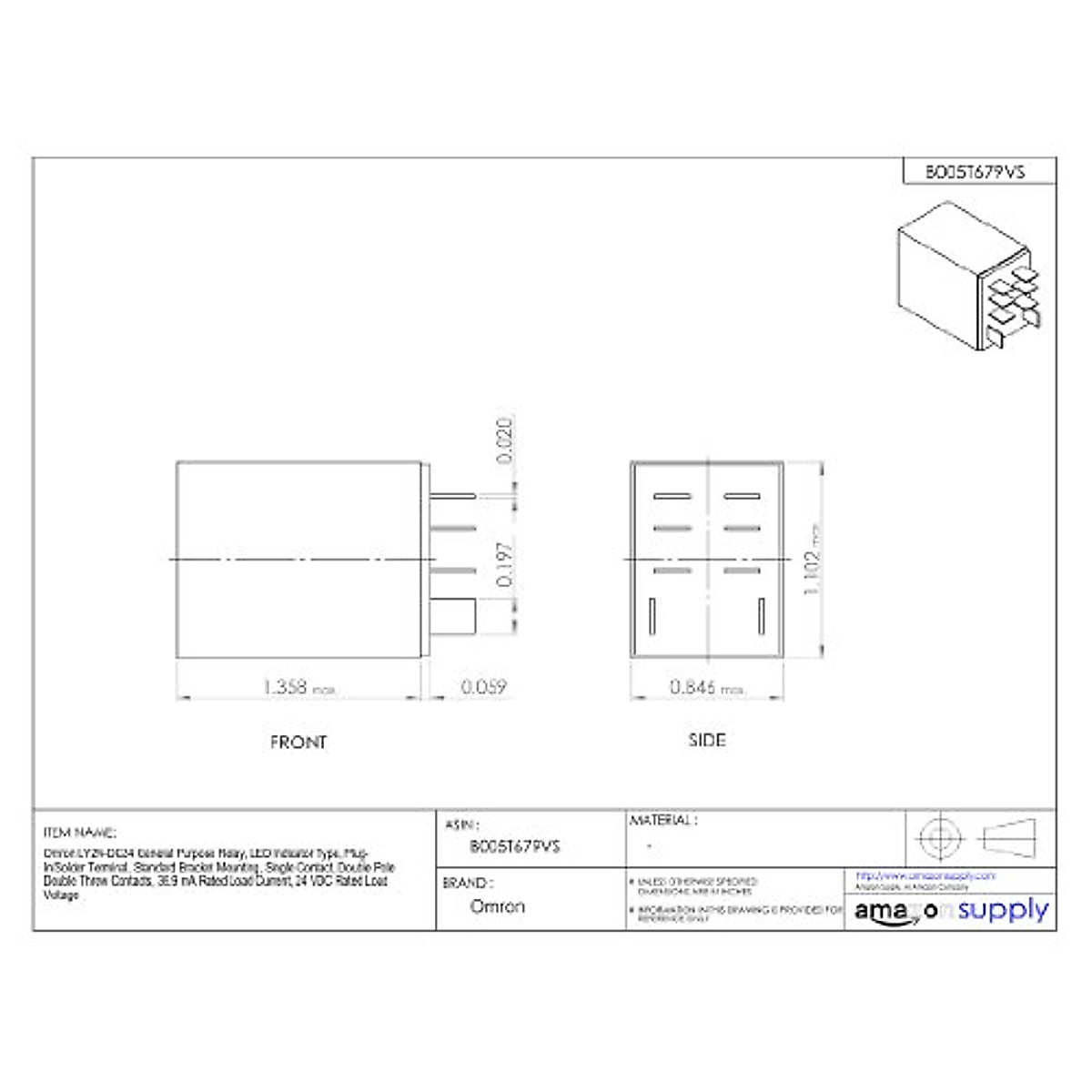 Omron LY2N-DC24 General Purpose Relay, LED Indicator Type, Plug-In/Solder Terminal, Standard Bracket Mounting, Single Contact, Double Pole Double Throw Contacts, 36.9 mA Rated Load Current, 24 VDC Rated Load Voltage