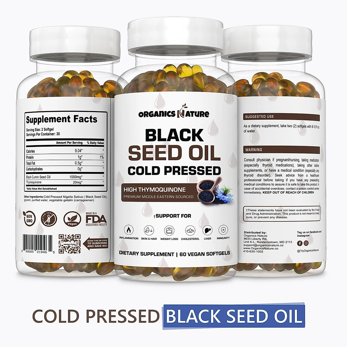ORGANICS NATURE Black Seed Oil Capsules 1000MG Vegan Softgels, for Hair & Skin, Heart Support, Nigella Sativa - 100% Cold Pressed Cumin Seed Oil Capsules High Thymoquinone, Omega 3s