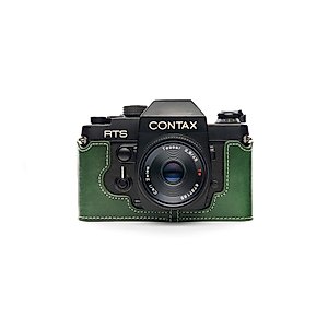 Contax RTS Case, BolinUS Handmade Genuine Real Leather Half Camera Case Bag Cover for Contax RTS/RTS II RTS2 Camera with Hand Strap (Green)
