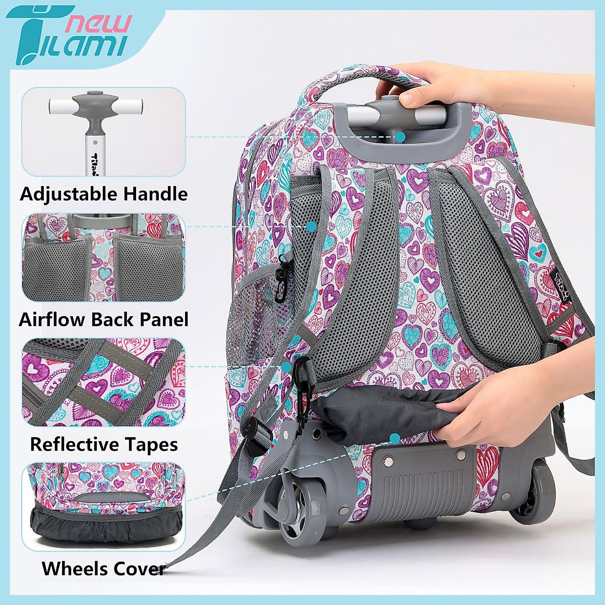 NEW TILAMI Rolling Backpack 18 Inch, Boys Girls Cute Wheeled Laptop Boys Girls Travel School Student Trip Bag, Pink Love