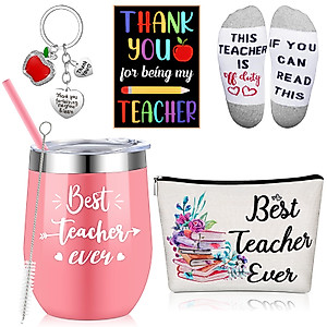 Newtay Teacher Appreciation Gifts Thank You Teacher Gifts Basket,12 oz Wine Tumbler Best Teacher Makeup Pouch Bag Keychains Teacher Socks for Teacher Appreciation Supplies (Best Teacher)