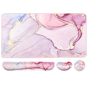 Keyboard Mouse Pad Set, Extended Mouse Pad+Keyboard Wrist Rest Support, Memory Foam Ergonomic Easy Typing, 3Pcs (35.4×15.7 in) Desk Pad Set for Home Office Study Game- Pink Marble