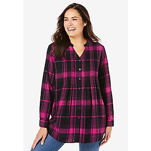 Woman Within Women's Plus Size Pintucked Flannel Shirt - 2X, Vivid Red Buffalo Plaid