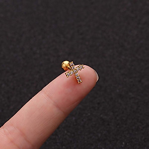 NewZenro Flower Cross 16g Ear Cartilage Helix Surgical Stainless Steel Cubic Zirconia Studs Cartilage Earrings Huggie Screw Backs Ear Tragus Auricle Nose Lip Piercing Jewelry Set (Gold)